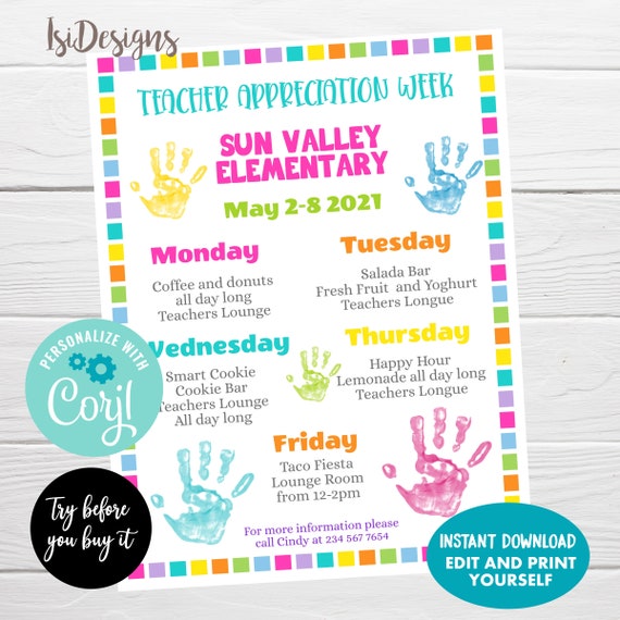 Editable Teacher Appreciation Week, Instant Download, Itinerary Poster ...