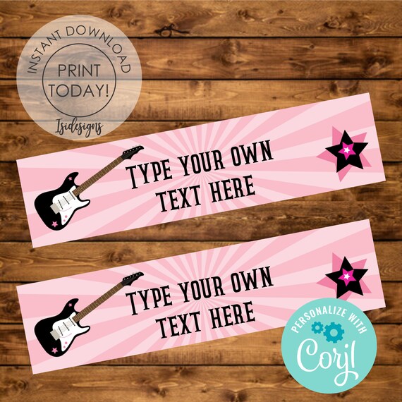 Pink Rock Star editable water bottle labels, Instant Download, pink ...