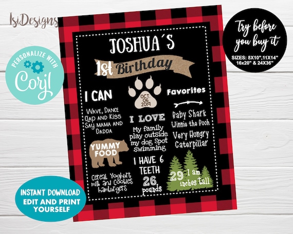 Lumberjack birthday board, editable birthday chalkboard buffalo plaid ...
