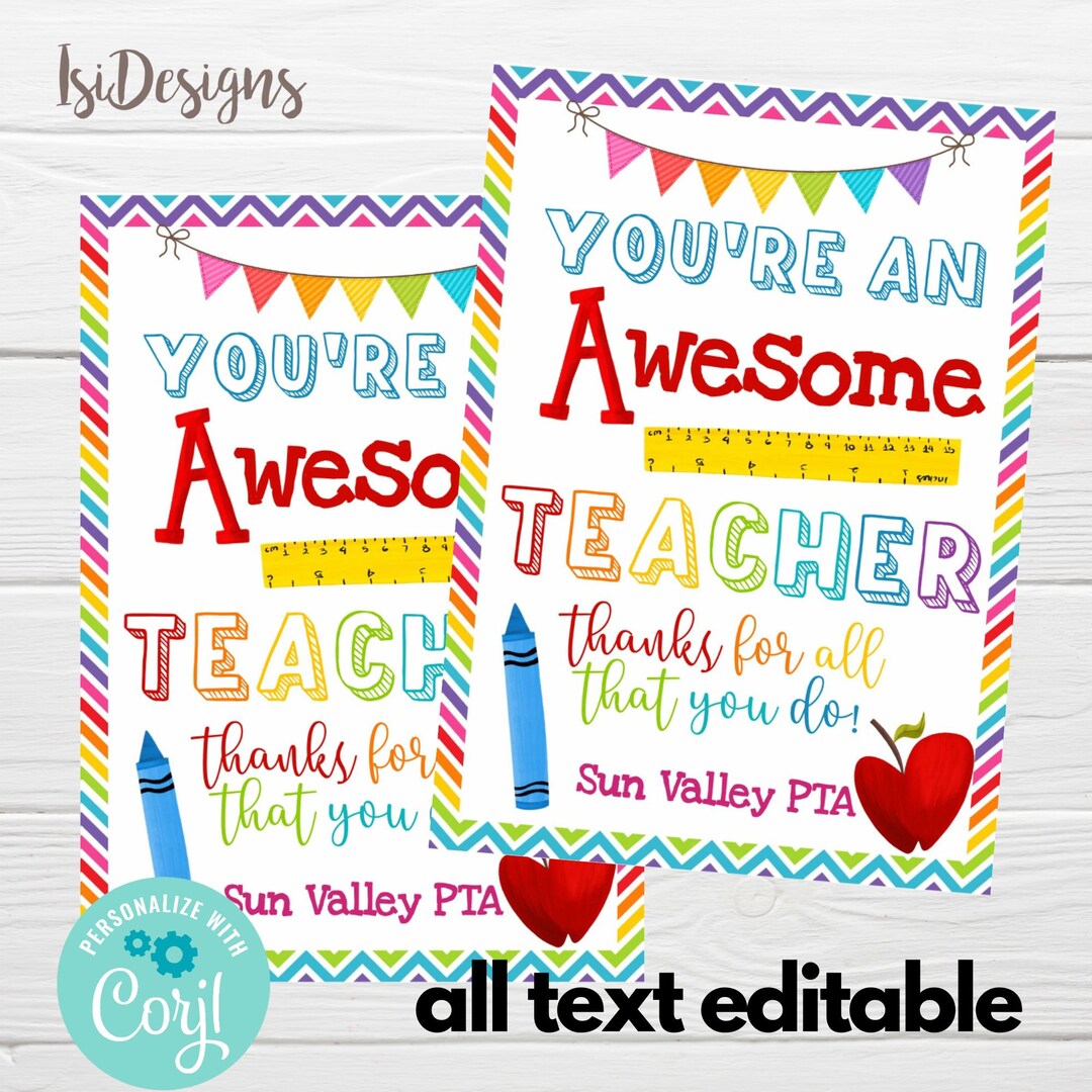 You're an Awesome Teacher Editable Appreciation Tags, Teacher Week ...