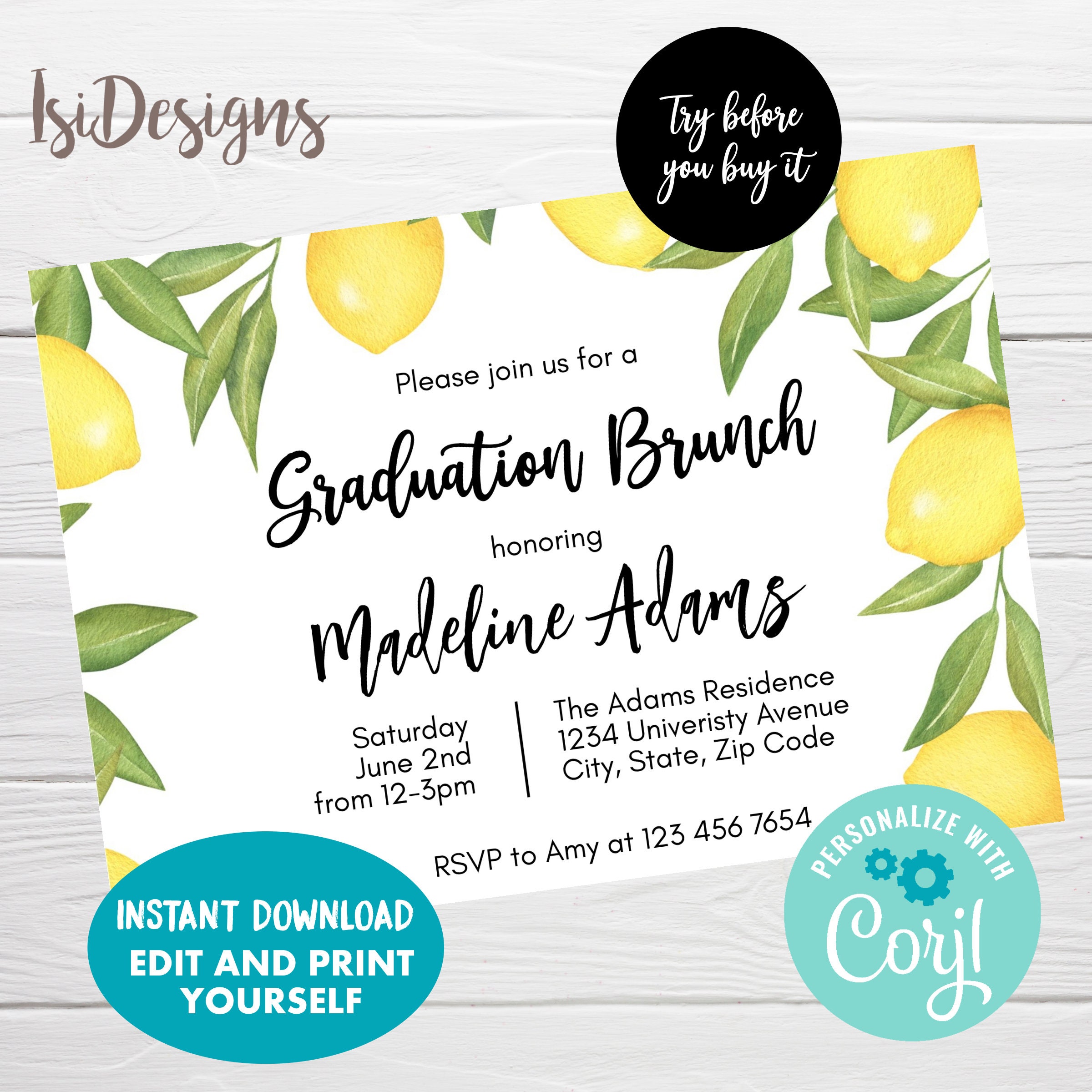 Graduation Invitation, Editable Lemon Graduation Brunch Invite, Instant ...