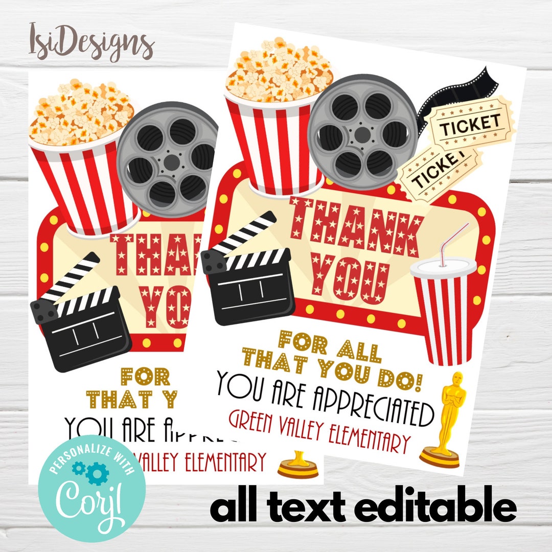 Movie Appreciation Gift Tags, Hollywood Themed Teacher Week Employee ...