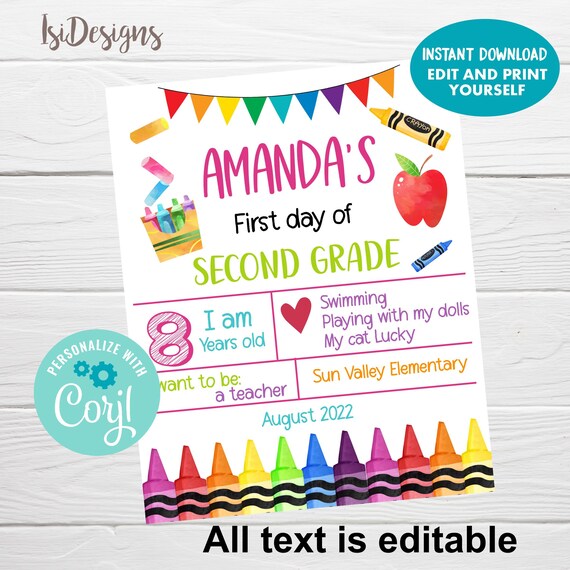 First Day of School Editable Sign, Personalized 1st Day of Kindergarten ...