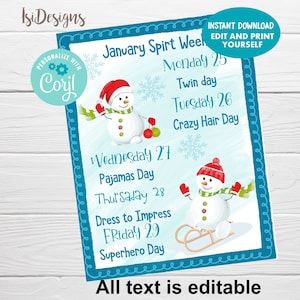Winter Spirit Week Planner, Editable January Week Schedule, Winter ...