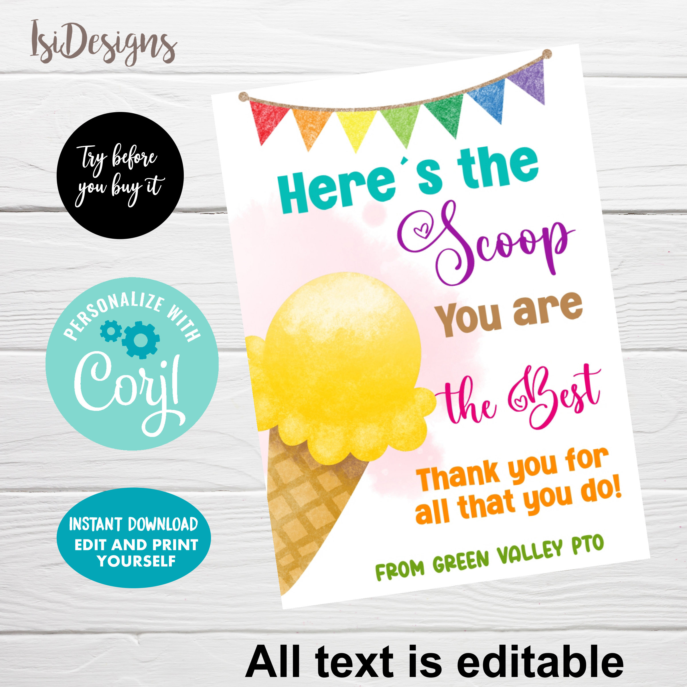 Ice Cream Gift Tag, Here's the Scoop You're the Best, Editable PTO/PTA ...