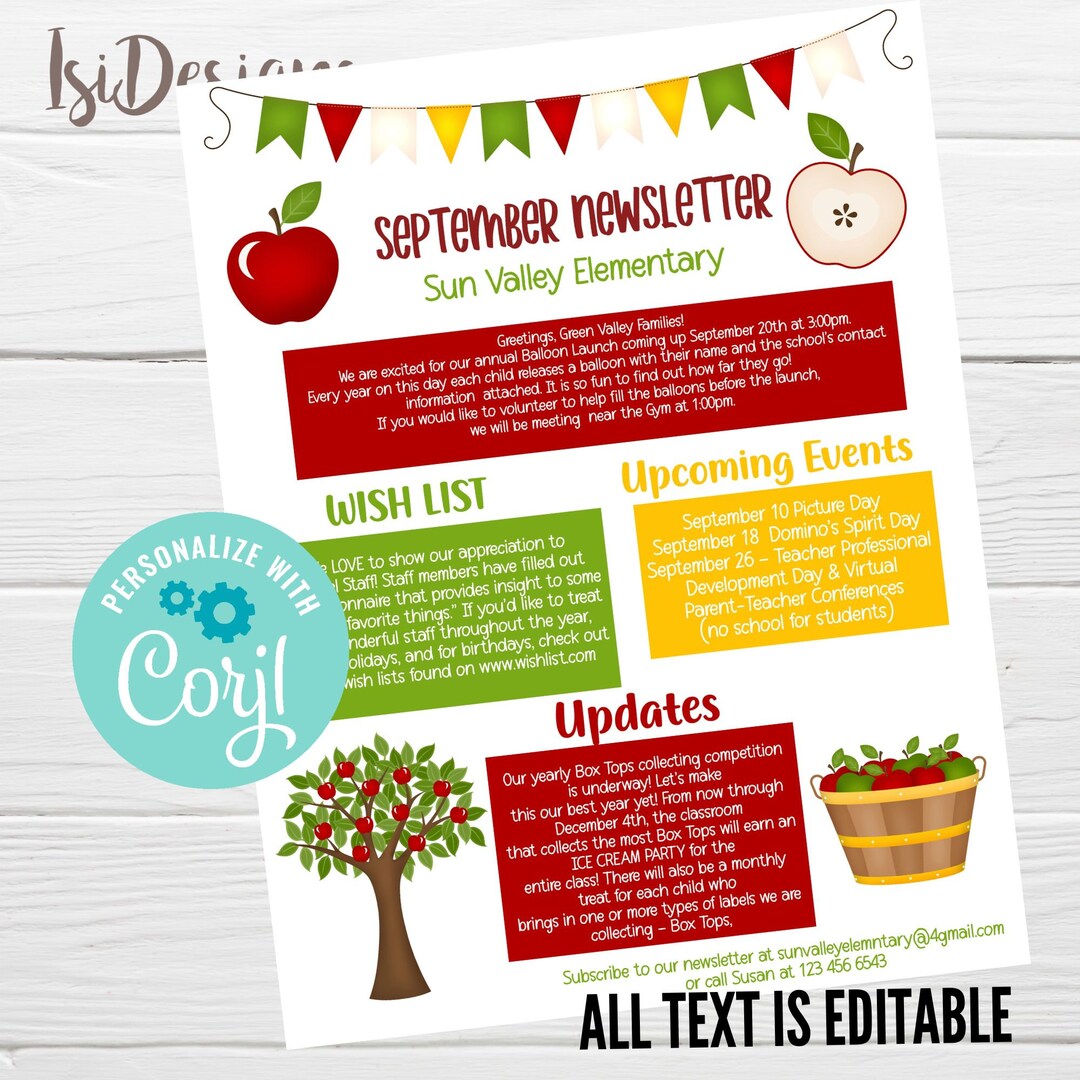 September School Newsletter, Monthly Editable Newsletter, PTA PTO ...