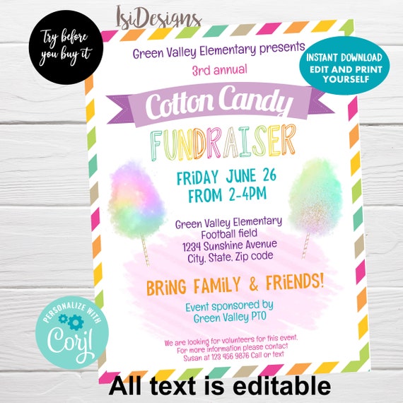 Cotton Candy Fundraiser Flyer Editable School PTO/PTA Cotton | Etsy