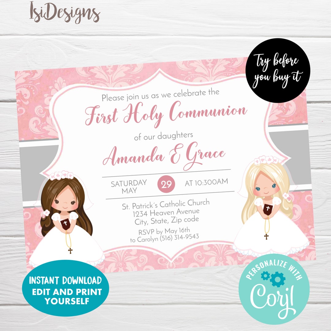 Pink First Holy Communion Invitation, Girls Communion Editable ...