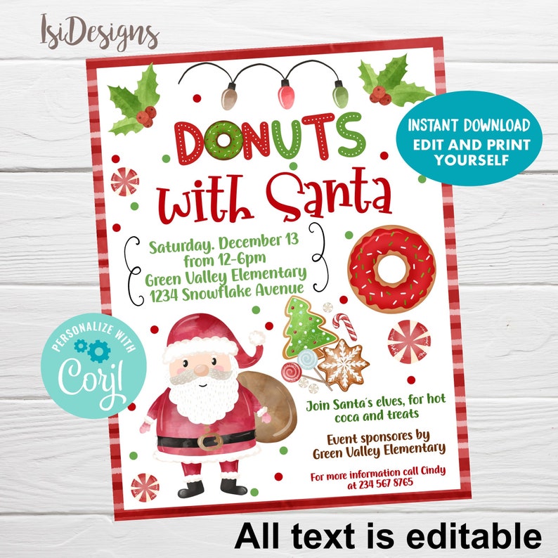 Christmas Donuts With Santa Flyer, Editable Santa Invitation, Instant ...