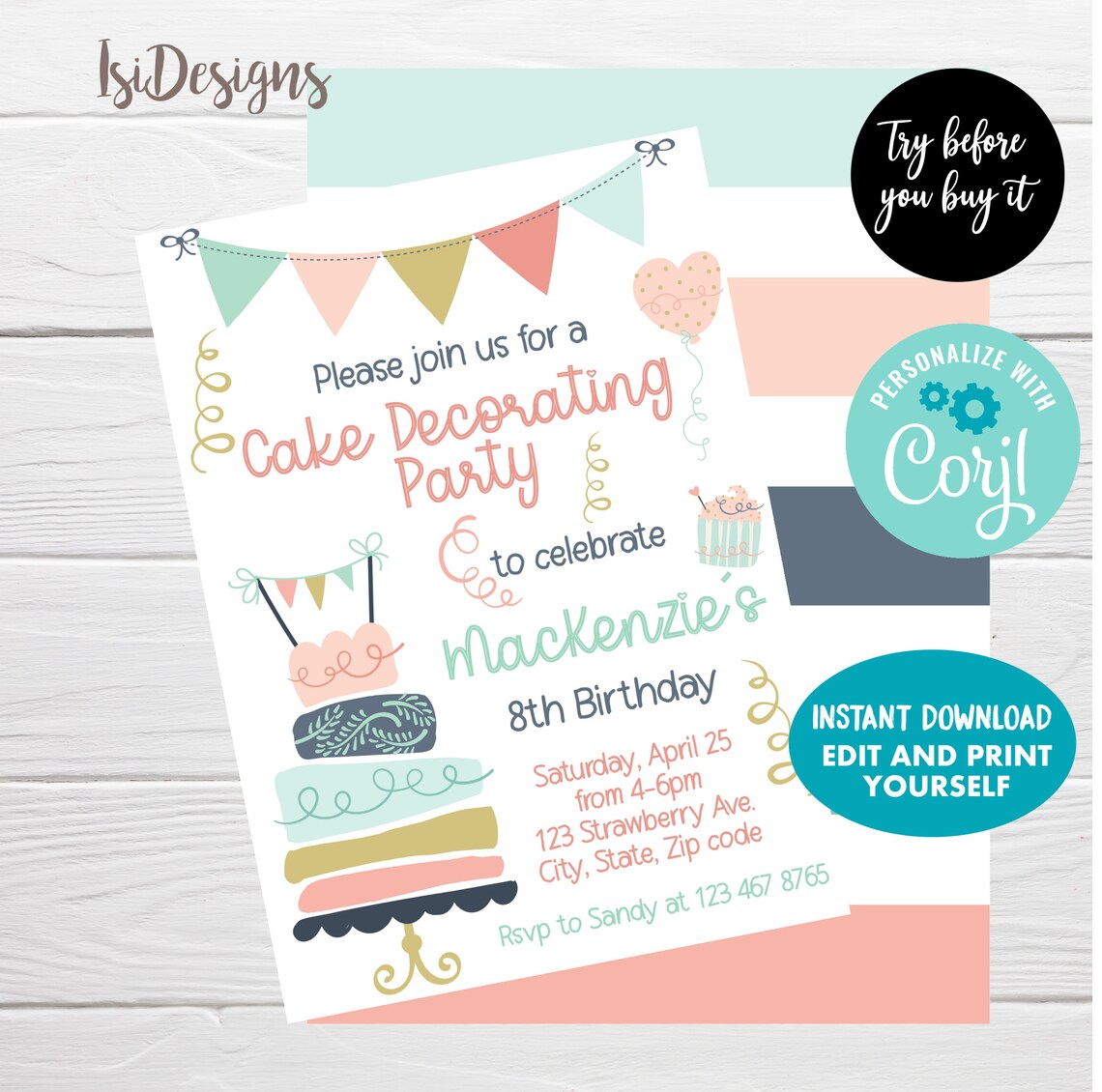 Cake Decorating Birthday Invitation, Editable Girl Birthday Party ...