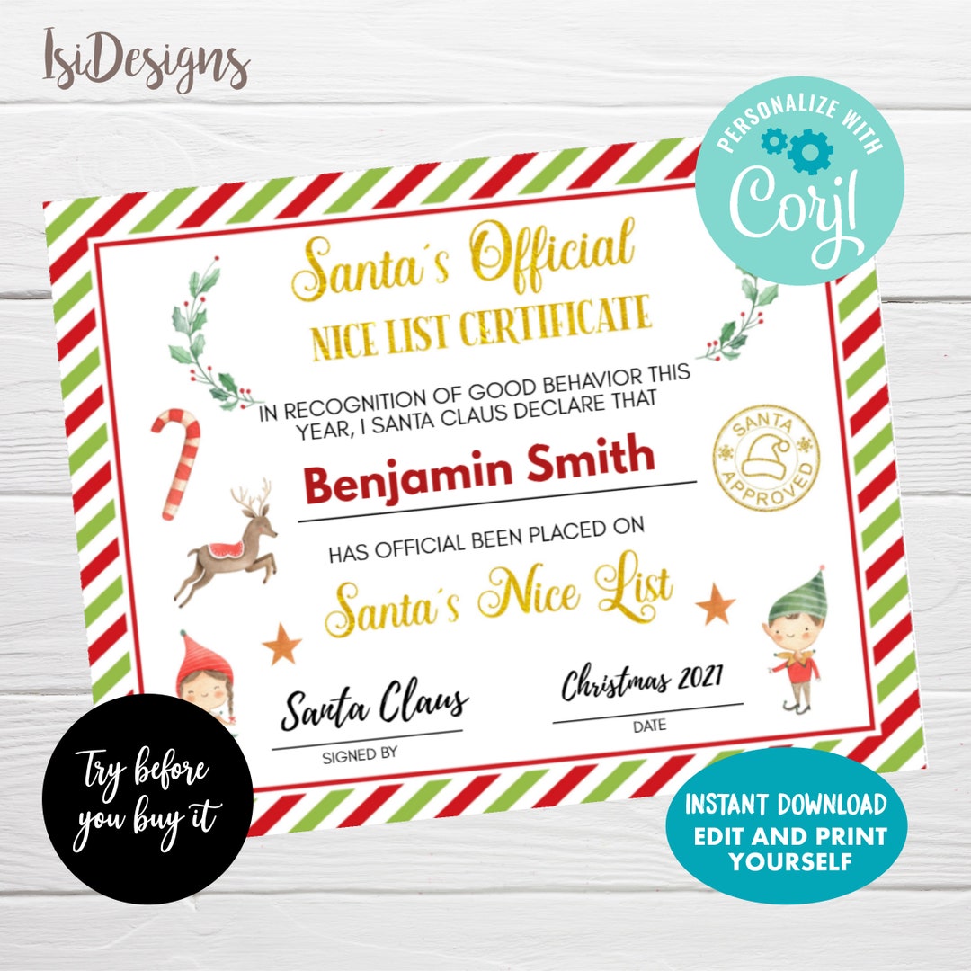 Santa's Official Nice List Editable Certificate, Instant Download ...