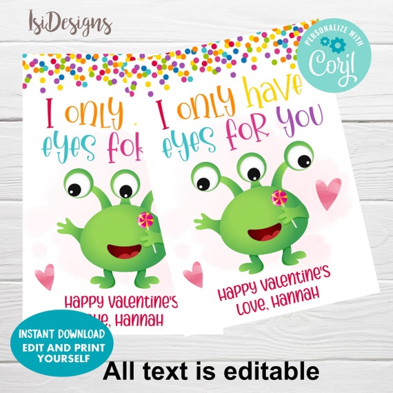 Valentine's Gift Tags, Editable Monster Tags, Valentine I Only Have ...