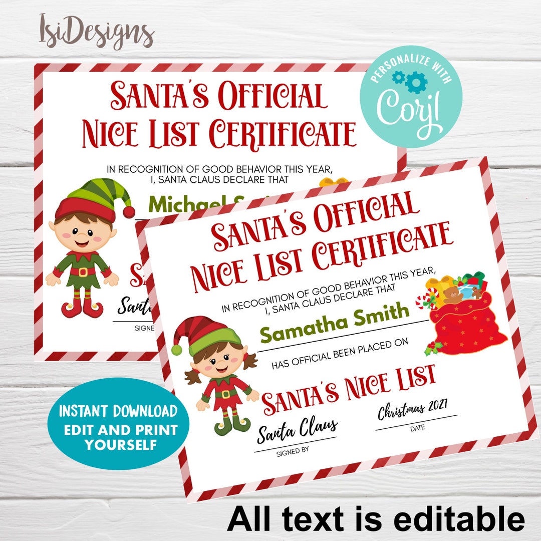 EDITABLE Santa's Nice List Certificate, Instant Download, Official Nice ...