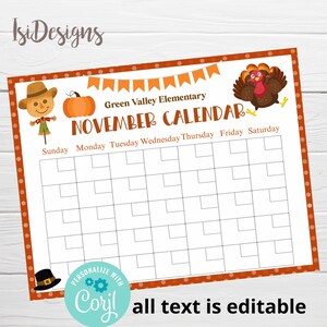 Editable November Calendar, Printable November Schedule, PTO PTA ...
