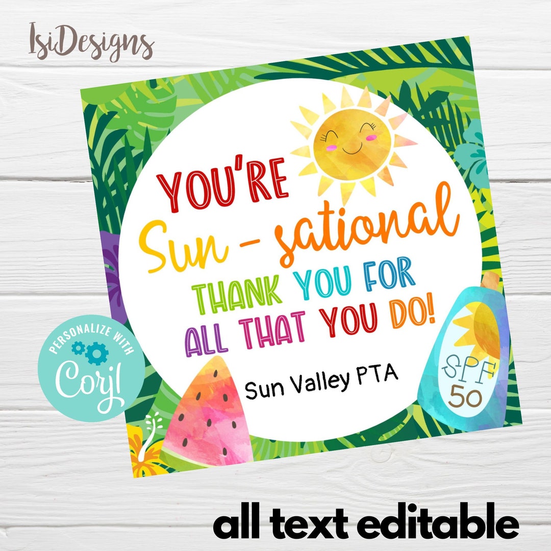 Thank You Tag, You're Sun-sational, School PTA PTO Teacher Staff ...