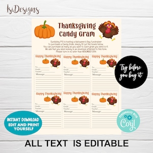 Editable Thanksgiving Turkey Candy Grams, Instant Download, PTA PTO ...