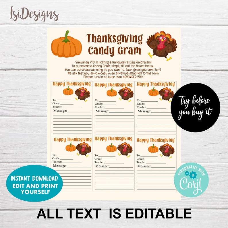 Editable Thanksgiving Turkey Candy Grams, Instant Download, PTA PTO ...