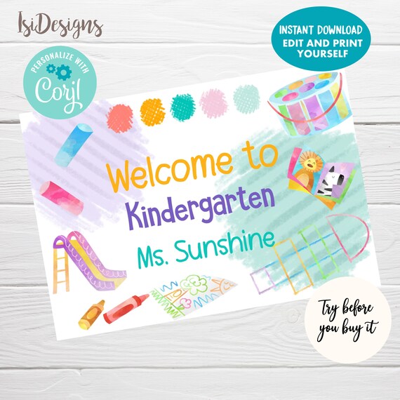 Welcome to kindergarten, editable teacher postcard, Instant Download ...