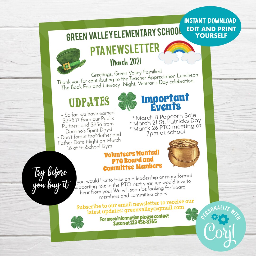 Editable March Newsletter Flyer, PTO PTA St Patrick's Event Flyer ...