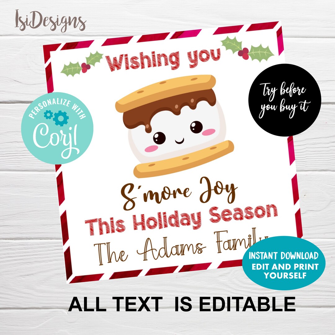 S'mores Christmas Gift Tag, Editable Holiday Favor Tag, Wishing You S ...