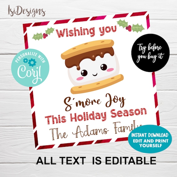 S'mores Christmas Gift Tag, Editable Holiday Favor Tag, Wishing You S ...
