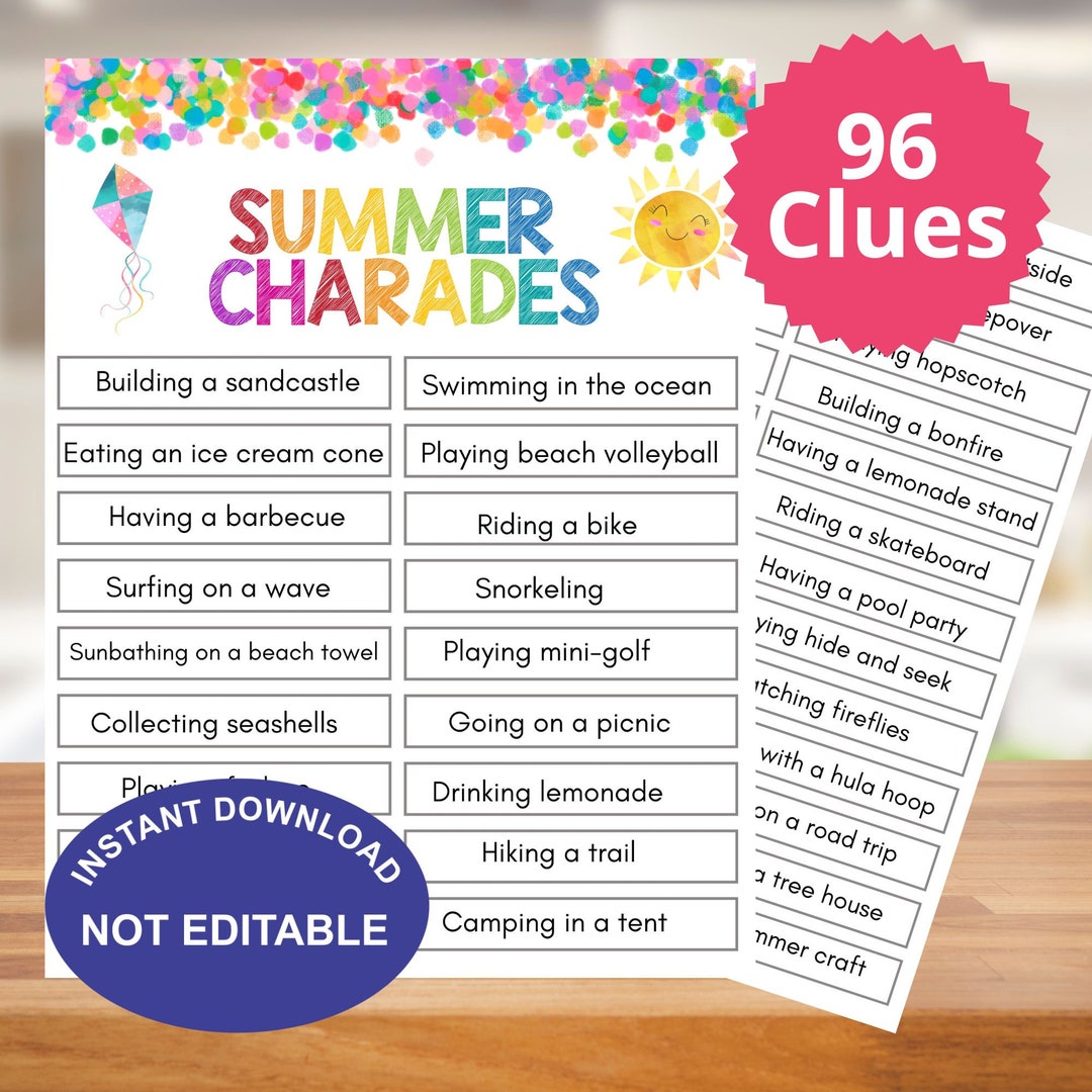 Summer Charades Printable Game, Family Game Night, Fun Game for Kids ...