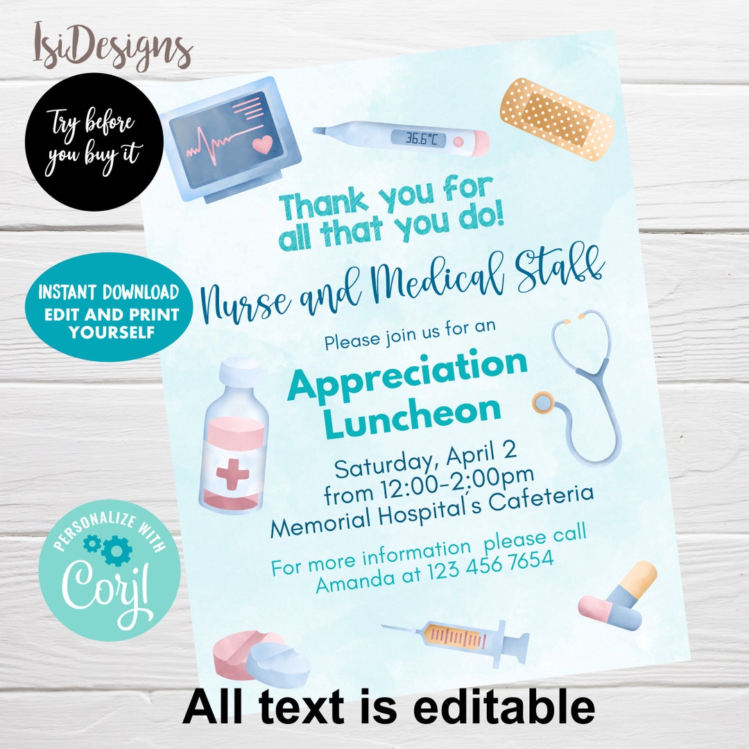 Nurse and Medical Staff Appreciation Luncheon Invitation, Editable ...