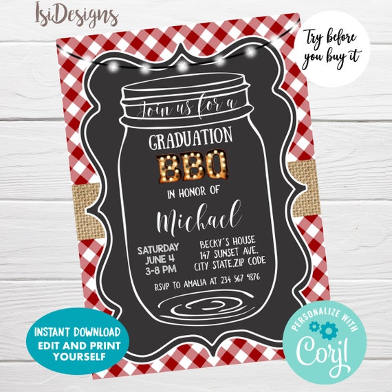 Graduation BBQ Editable Invitation, Instant Download, Rustic Graduation ...