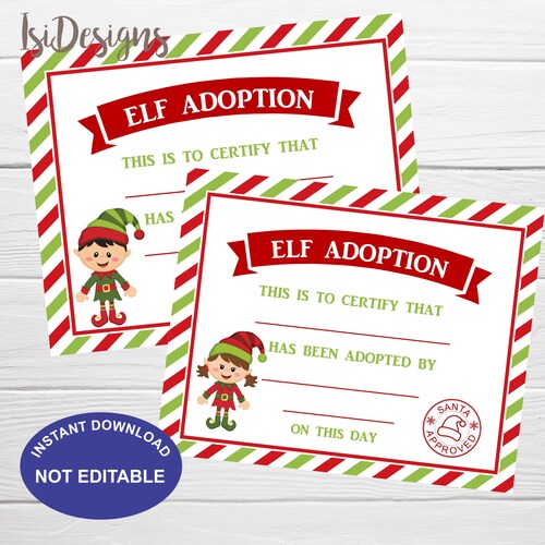 Printable Elf Adoption Official Certificate Christmas Elf - Etsy
