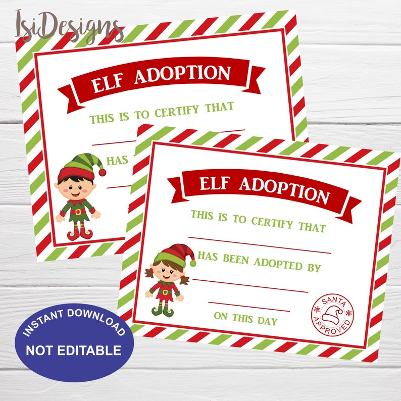 Elf Adoption Certificate Christmas Printable Instant | Etsy