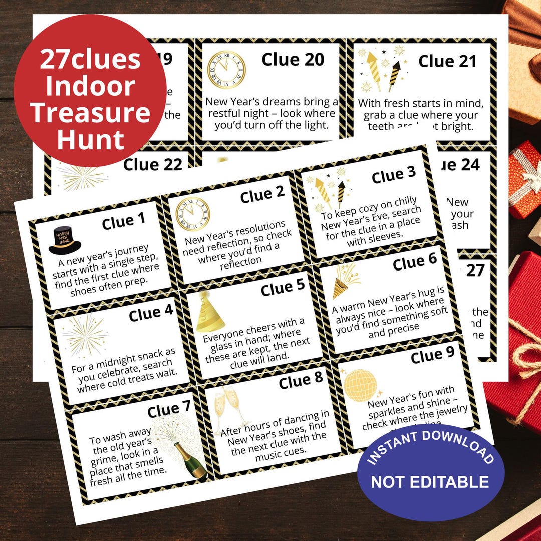 New Year's Treasure Hunt for Kids | 27 Printable Riddle Clues | Indoor ...