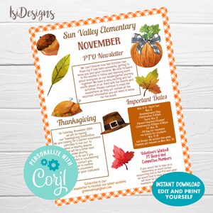 Editable PTO PTA November Newsletter Flyer Template, School Newsletter ...