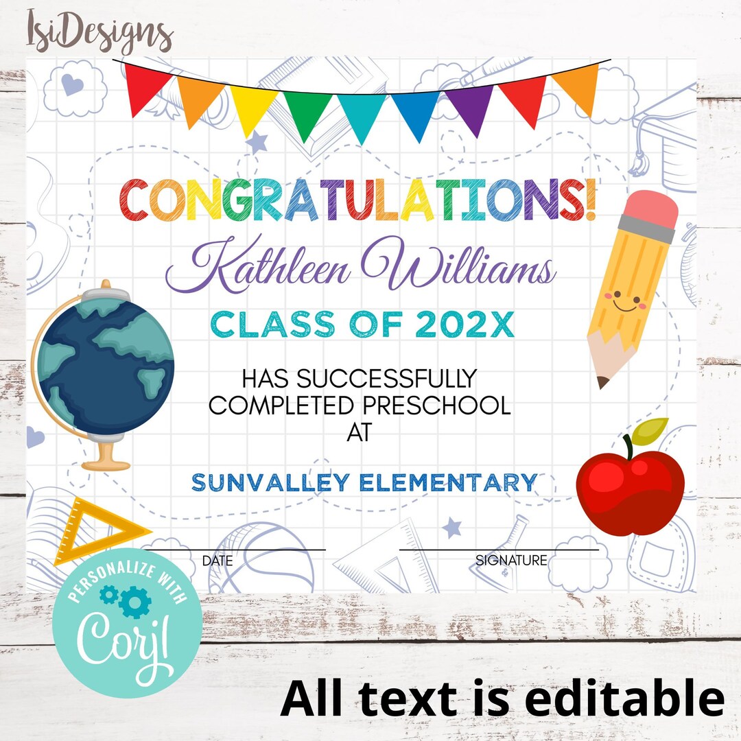Graduation Editable Diploma, Instant Download, Kindergarten Certificate ...