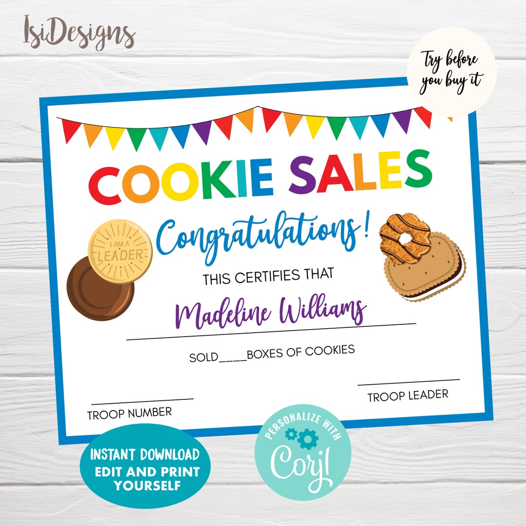 Cookie Sales Certificate, Instant Download, Editable Girl Bake Sale ...