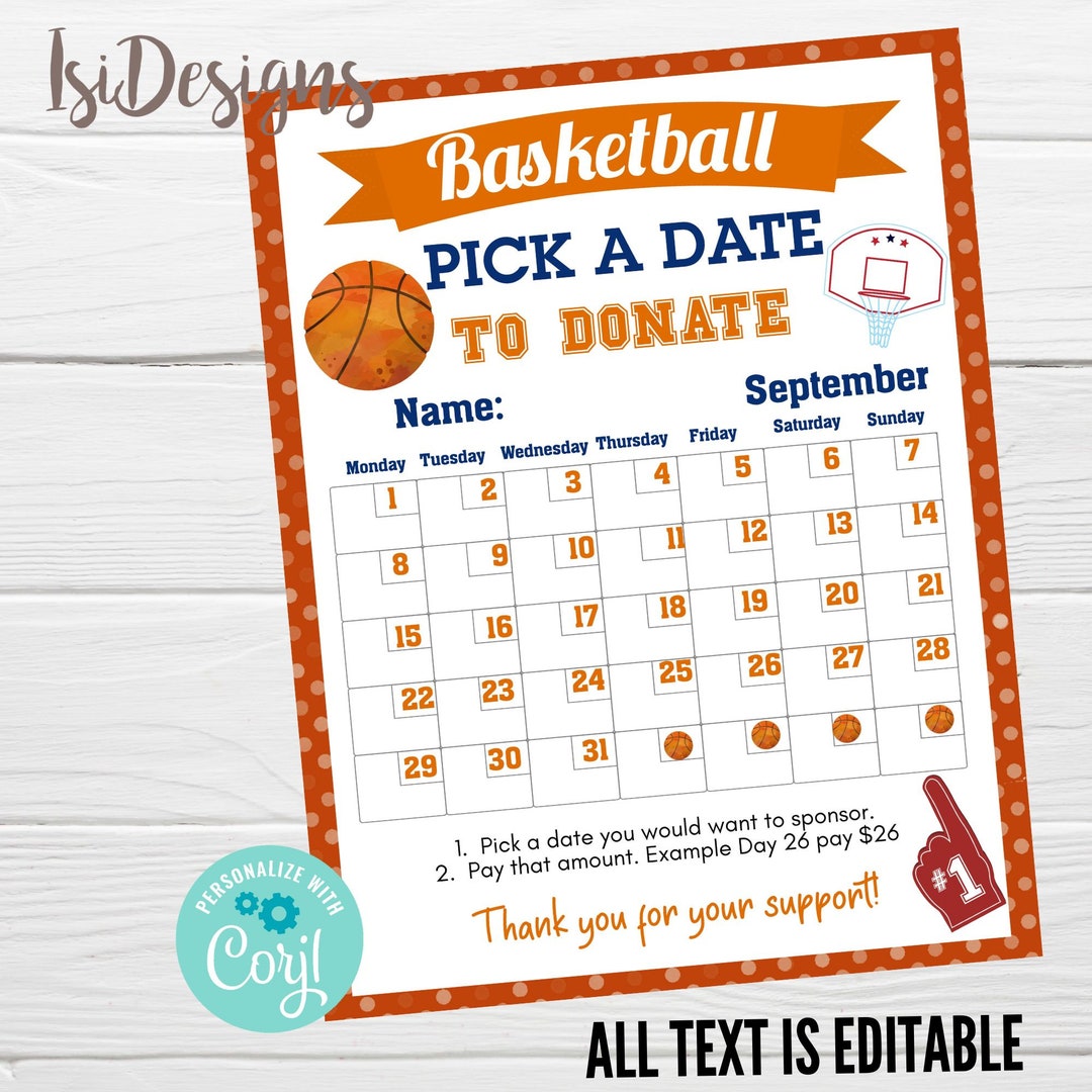 Pick a Date to Donate Basketball Editable Flyer, Fundraiser Calendar ...