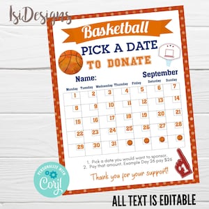 Pick a Date to Donate Basketball Editable Flyer, Fundraiser Calendar ...