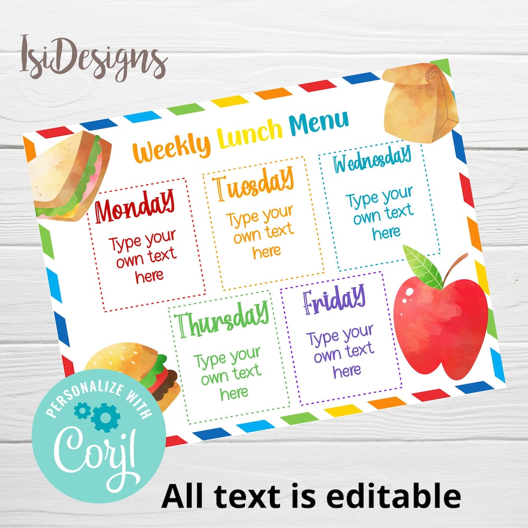 Editable Kids Lunch Planner, Meal Weekly Planner, Lunch Menu for ...