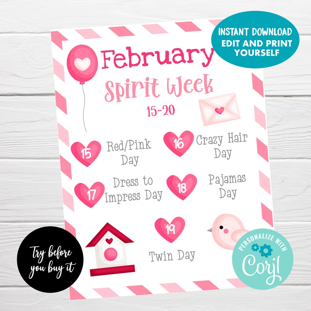 February Spirit Week Planner, Editable Week Schedule, Valentine's Event ...