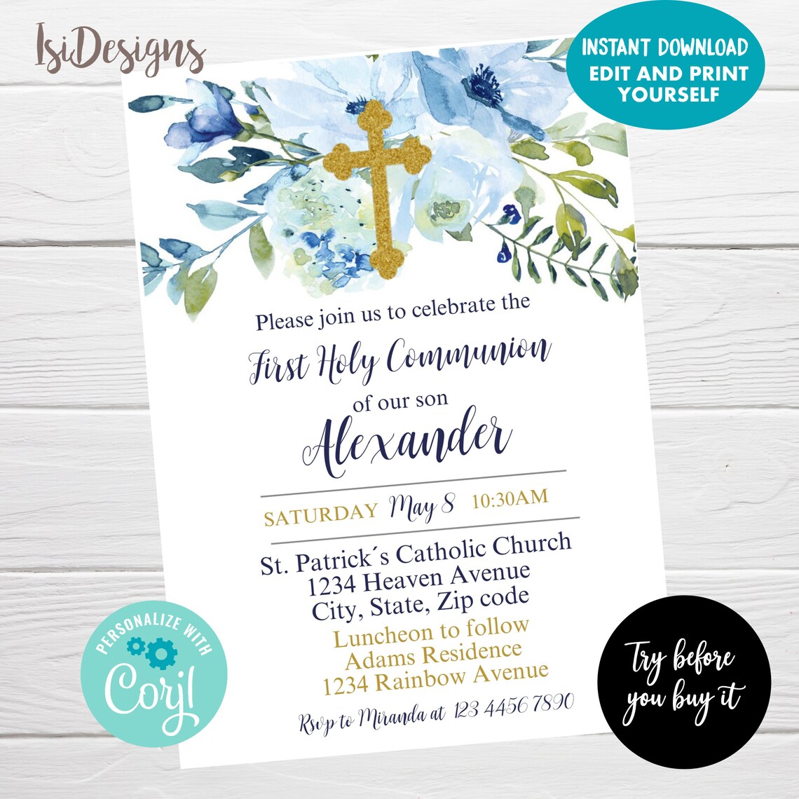 Blue Floral Holy Communion Invitation Instant Download - Etsy