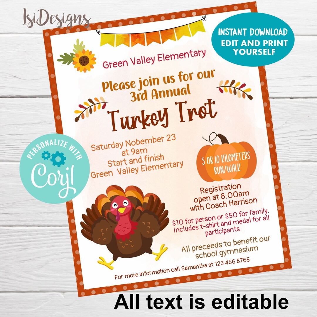 Thanksgiving Turkey Trot Flyer, Editable Fall Walk/run Poster, School ...