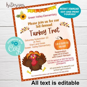 Thanksgiving Turkey Trot Flyer, Editable Fall Walk/run Poster, School ...
