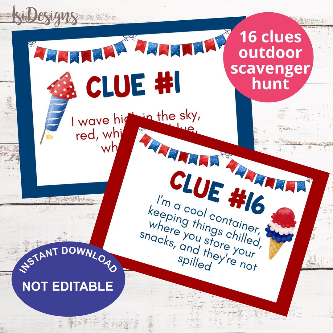 Outdoor 4th of July Scavenger Hunt Clue Cards, Printable Party Games ...