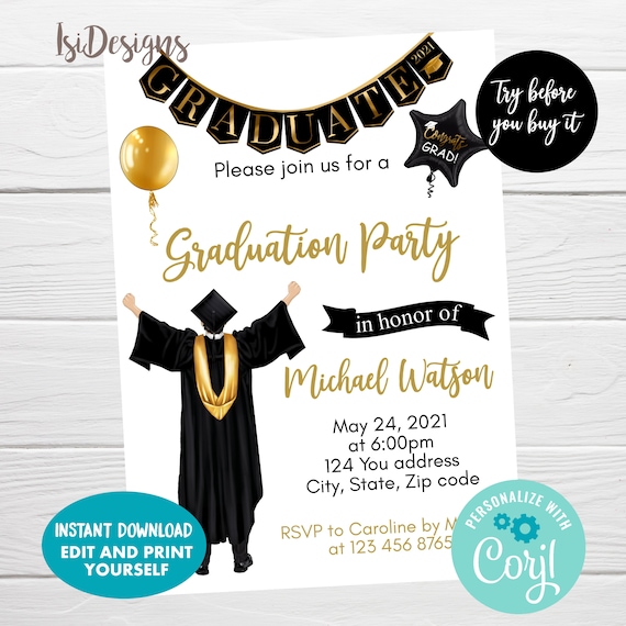 College Graduation Party Editable Invitation, Boy Senior Graduation ...