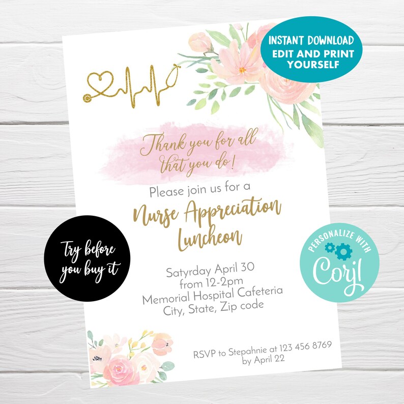Nurse Appreciation Week Luncheon Invitation, Editable Nurse ...