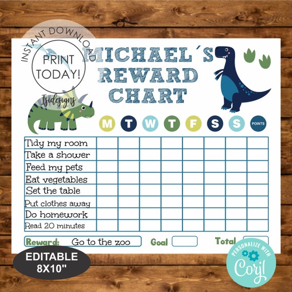 Dinosaurs Editable Reward Chart, Instant Download by Isi Designs ...