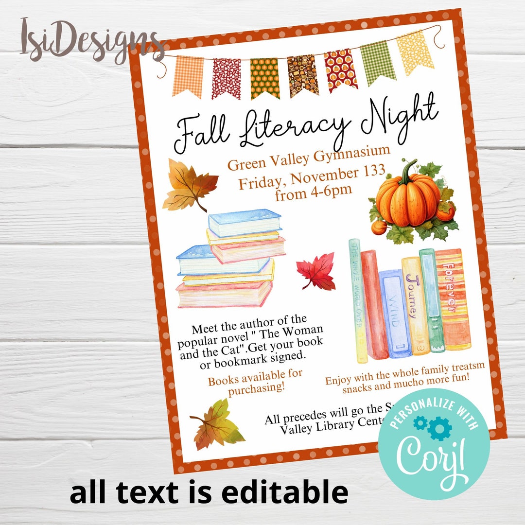 Fall Literacy Night Flyer, Editable Autumn Book Fair Invitation, Fall ...