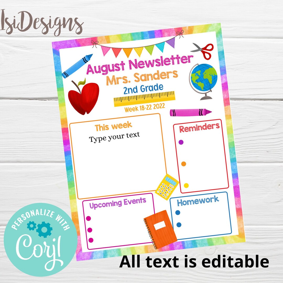 Editable Weekly Monthly School Newsletter Template, School Teacher ...