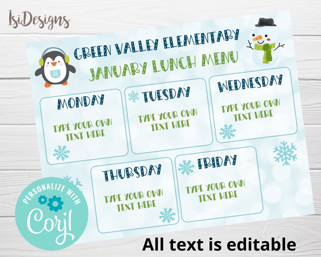 January Weekly School Lunch Meal Planner, School Healthy Lunch Ideas ...