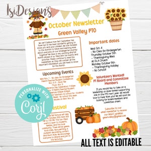 October School Newsletter, Monthly Editable Newsletter, October Events ...