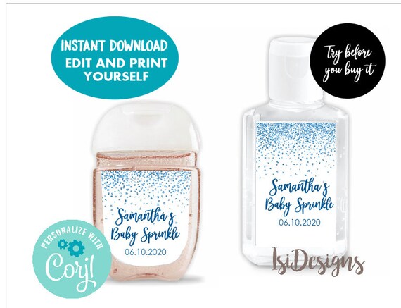Hand Sanitizer Editable Labels, Instant Download, Blue Glitter Confetti ...